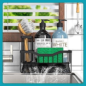 Multifunctional Sponge Holder for Kitchen Sink with High Brush Rack, Sink Caddy with Self Drain Tray, Kitchen Sink Organizer Sponge Caddy for Storage Dish Soap Dispenser - Kitchen Gadgets Accessories