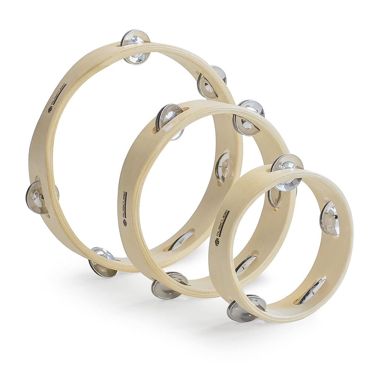 MUSICUBE Tambourine for Adults Kids 3 Packs Wood Tambourine Hand Held Metal Jingles Percussion musical instruments for Church Education Party Supply (6-Inch, 8-Inch, 10-Inch)