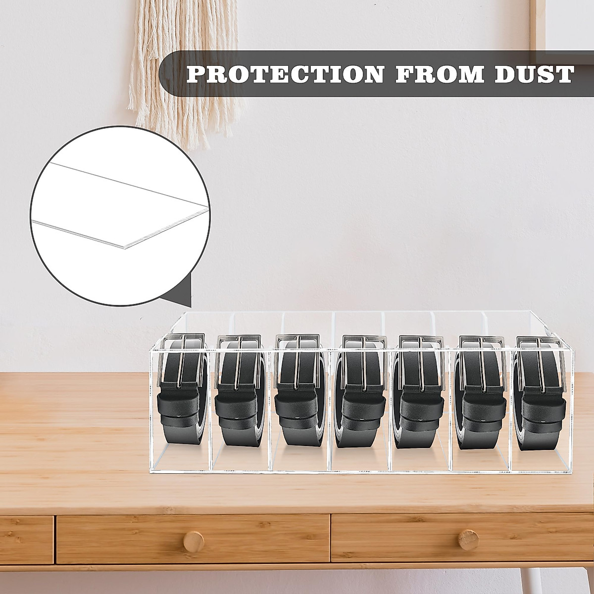 weddingwish Belt Organizer, Acrylic Belt Storage Organizer for Closet, 7 Compartments Clear Belt Holder with Dust Cover, Belt Display Case Hanger for Drawer Tie and Bow Tie
