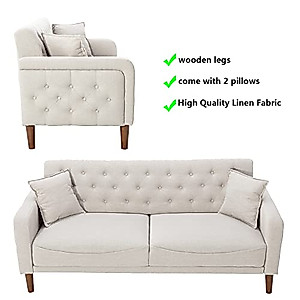 Aoowow Linen Fabric Sofas and Couches 78 Inches Long, Mid Century Modern Couch Tufted Back Sofa with 2 Throw Pillows, Armrest and Wooden Legs for Living Room, Apartment, Bedroom (Beige)