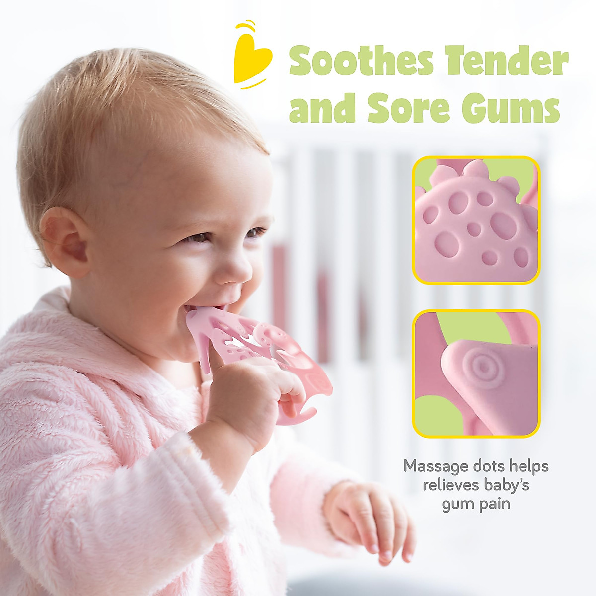 Dinosaur Baby Teething Toys, Textured Sensory Toys for Babies, Lightweight Soft Baby Sensory Toys, BPA-Free Silicone Infant Teething Toys, 0-18 Months, Teething Baby, Easy to Clean - Peach Pink