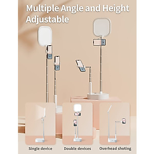Viozon Extendable Selfie Stand,Height&Angle Adjustable,Overhead 360° Rotate,2 Phone Holders,Rechargeable Wireless Foldable 15 Brightness LED Light for Live Streaming/YouTube/Tiktok/Video/Makeup