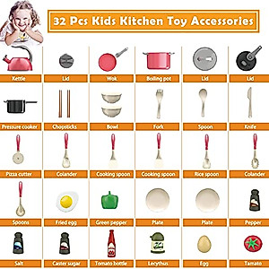 Bruvoalon 32Pcs Kids Play Kitchen Toys Set, Toddlers Pretend Cooking Playset Acccessories with Pots Pans, Utensils Cookware, Foods, Canned Veges, Learning Gift for Kids Girls Boys (Red)