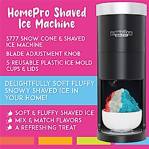 Hawaiian Shaved Ice Snow Cone and Shaved Ice Machine with Blade Adjustment Knob and 5 Reusable Plastic Ice Cups Bundled with 3 Flavor Quart Pack of Cherry, Grape, and Blue Raspberry