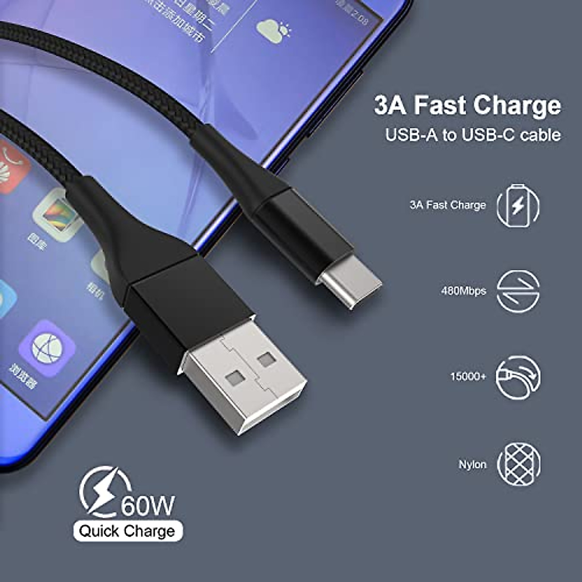 Amaitree USB C Cable, 60W 5Pack(1+4+4+6.6+6.6Ft) 3A Fast Charging Quick Charger Cable, USB Type C 2.0 Cable, Compatible Samsung Galaxy S10/S9/S8 Plus/Note 10/9/8,LG V50/V40/G8/G7 - Black