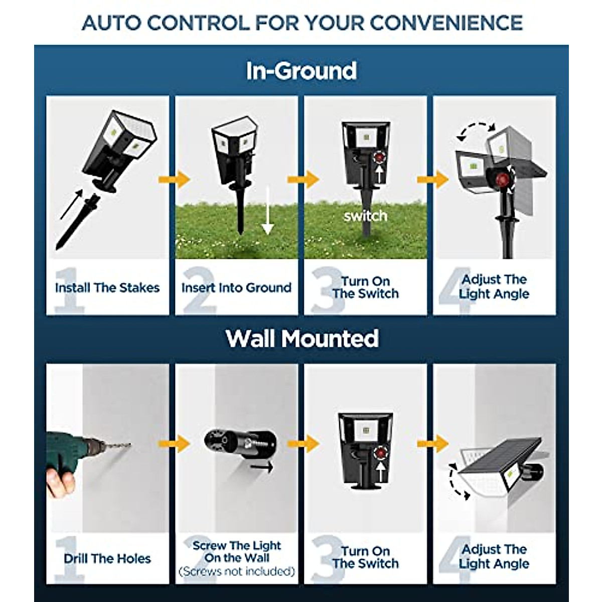 HNES 4 Pack Super Bright Solar Spot Lights Outdoor [47 LEDs | 4 Sides Illuminants | 300° Light Angle] IP65 Waterproof Solar Outdoor Lights Garden Lights Solar Powered Landscape Lights (Cool White)
