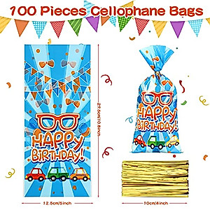 100 Pcs Birthday Party Cellophane Treat Bags English Teacher Party Bags Plastic Candy Goodie Bags Birthday Favors Gift Bags with 100 Pcs Twist Ties for Kid Blue Orange Themed Party Decoration Supplie