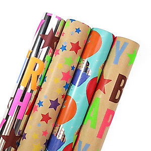 BIOBROWN Kraft Birthday Wrapping Paper - 17 Inch X 10 Feet (4 Rolls: 56.6 sq. ft. ttl.) Cupcake & Star Design Perfect for Party, Holiday, Baby Shower