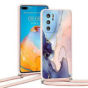 Pnakqil Compatible with Huawei Mate 20 Pro Case 6.39 inch, Crossbody Adjustable Necklace Lanyard with Fashion Pattern Design Soft Pink TPU Shockproof Protective Case for Huawei Mate 20 Pro, Marble