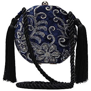 Fawzia Velvet Sequin Embroidery Wedding Clutch Evening Bags-Navy Blue
