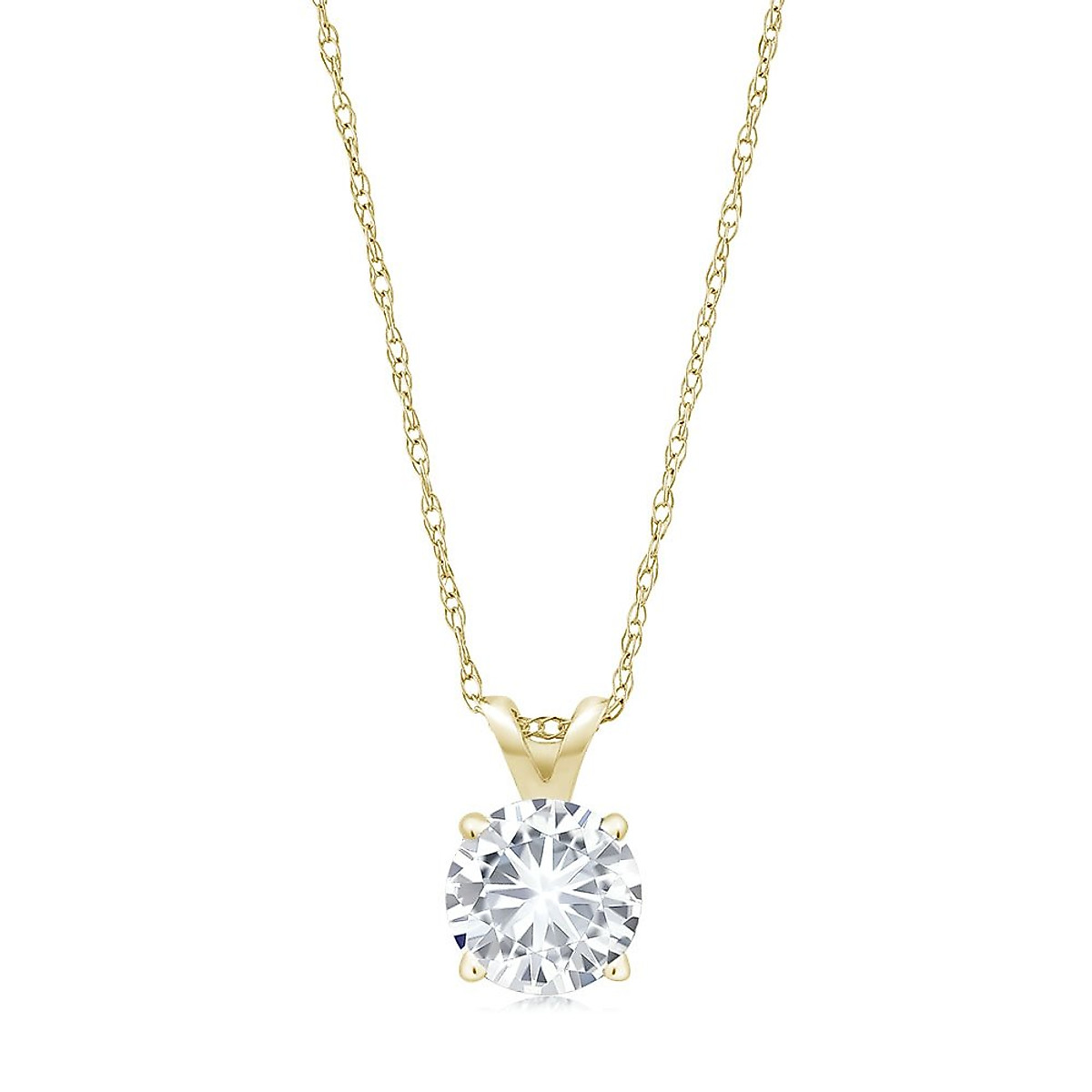 Gem Stone King 14K Yellow Gold Forever Classic Moissanite from Charles & Colvard Solitaire Pendant Necklace For Women (0.80 Cttw, Round 6MM, with 18 Inch 14K Yellow Gold Chain)