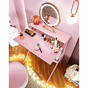 ODK Small Computer Desk, 27.5 inch Desk for Small Spaces with Storage, Compact Table with Monitor & Storage Shelves for Home Office, Modern Style Laptop Desk, Pink