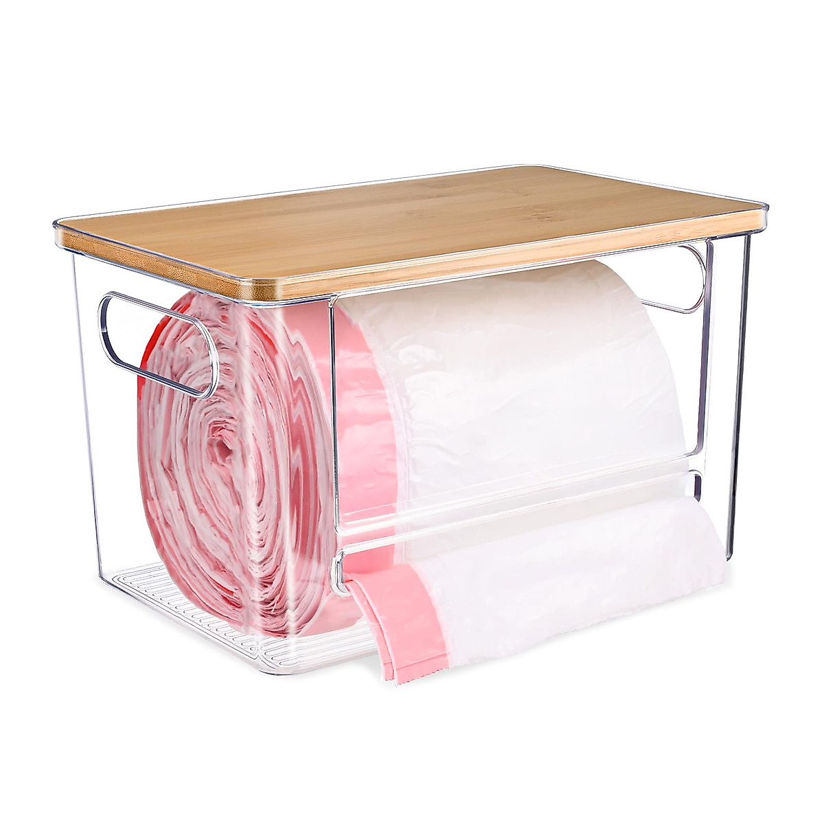 Hiitytin Trash Bag Dispenser Roll Holder, Trash Bag Holder Dispenser with Bamboo Top & Handles, Extra Large Garbage Bag Holder Dispenser Trash Bag Organizer Under Sink