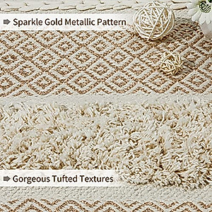 SUMGAR Boho Tribal Area Rug-3x5 Woven Cotton Rug for Bedroom, Washabel Rug, Bedroom Decor, Beige Cream Neutral Rug, Handmade Tufted Knoted Soft Rug with Sparkle Gold Metalic, for Living Room Entryway