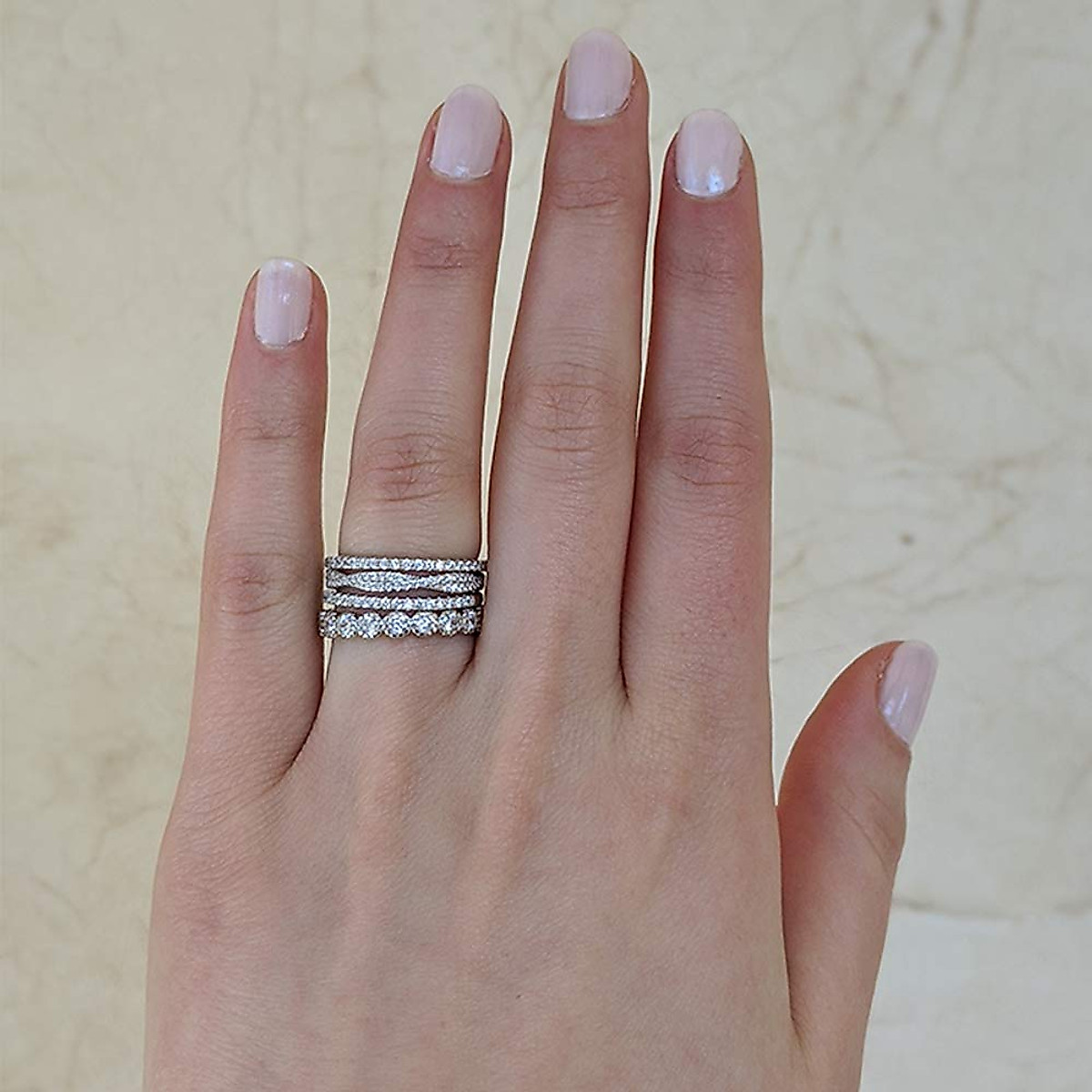 TwoBirch 18k White Gold Micro-plated 4 Piece Ring Set with Cubic Zirconia Stacking Ring Set (925 Silver, Sizes 7)