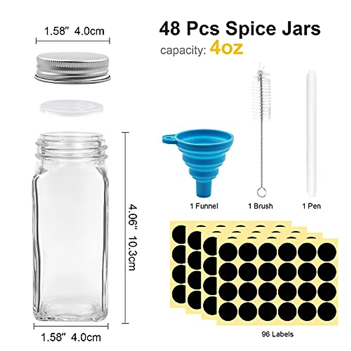 48 Pcs Glass Spice Jars Bottles, Cookmaster 4oz Empty Square Spice Containers with 96 Black Labels - Shaker Lids and Silver Metal Caps - 1 pcs Silicone Collapsible Funnel and 1pcs Brush Included
