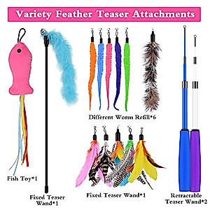 Oziral Cat Teaser, 15PCS Retractable Cat Toy Feather Teaser Cat Toy Cat Wand Feather Interactive Toys with Bells and Feather Refills Set for Indoor Cat and Kitten Exercise