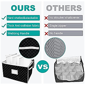 VERONLY China Storage Containers - Stemware Storage Cases for 12 Wine Champagne Glasses - 2 Pack Crystal Glassware Protector Packing Boxes with Dividers and 2 Handles for Moving (Black)