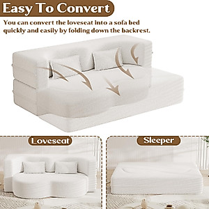 YiMiYom Full Size Folding Sofa Bed, Love Seat Sleeper Bed Floor Sofa Bed with 2 Pillows, Teddy Fabric Fold-Out Twin Sofa Cama & Bed Mattress for Living Room, Apartment, Guest Room, Beige