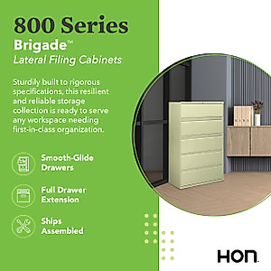 HON 5 Drawer File Cabinet with Lock - 800 Series Lateral Office Storage Cabinet Locking Metal Filing Cabinet with Drawers 42"W x 18"D - Adjustable Hangrails for A4, legal, Letter Files - Putty