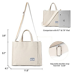 PINCNEL Corduroy Tote Bag for Women, Small Trendy Travel Satchel Handbag with Crossbody Shoulder Strap, Carry Handles, Pockets (Beige)