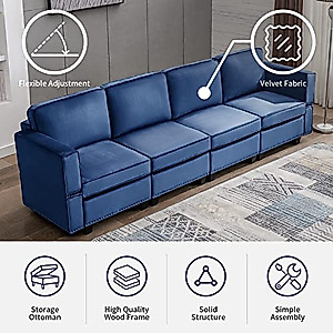 ZAFLY Sectional Sofa, 4 Seat Convertible Modular Blue Couch with Adjustable Backrest and Armrests I Shaped Sleeper Comfy Couches for Living Room