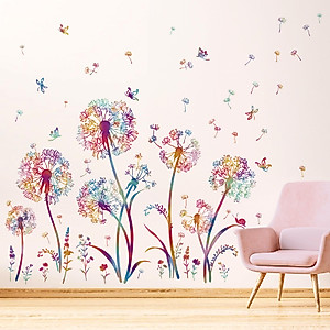 wondever Colorful Blowing Dandelion Wall Decals Flying Flowers Butterflies Floral Peel and Stick Wall Art Stickers for Living Room Girls Bedroom TV Wall