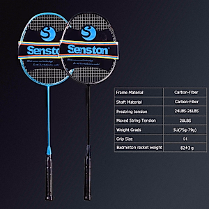 Senston N80-2 Pack Badminton Racquet, Professional Full Carbon-Fiber Badminton Rackets Set with Grip