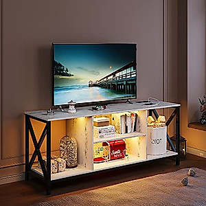 HNEBC LED White TV Stand with USB/Wireless Charging Station,Television Stands with Auto Induction/Adjustable LED Lights,TV Stand for 65+ inch TV and Storage Cabinet Suitable for Living Room (White)