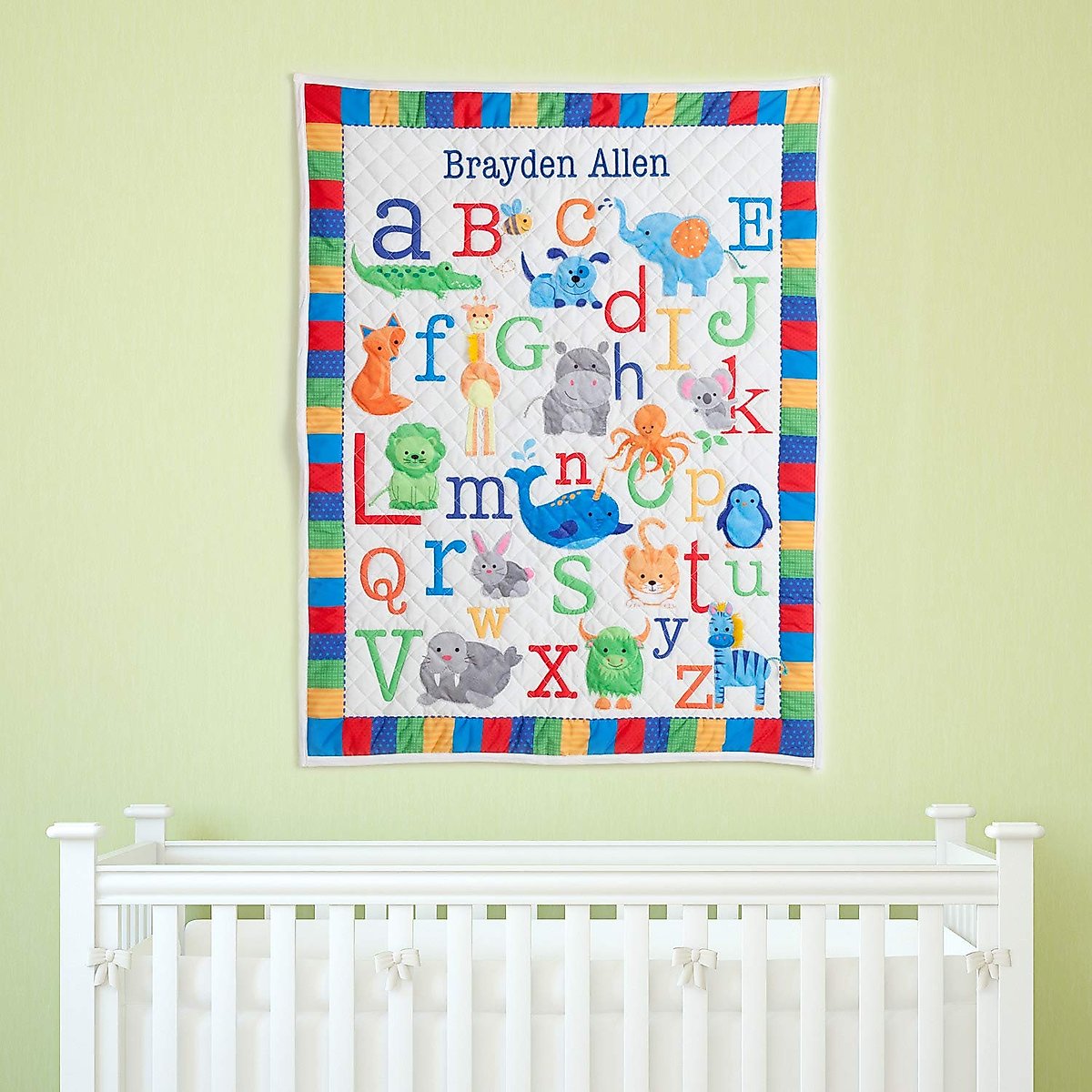 Personalized Planet Primary Color Boy's ABC Quilt with Custom Name Embroidered in Blue Thread on Rectangular Blanket with Alphabet Letters and Cartoon Animals, 31x40