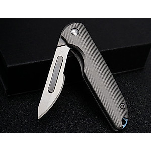 TENCHILON Ti28 Premium Mini Flipper Scalpel Folding Pocket Knife with 10pcs #24 Replaceable Blade, Textured 6AL4V Titanium Handle with Frame Lock Utility EDC Knives,
