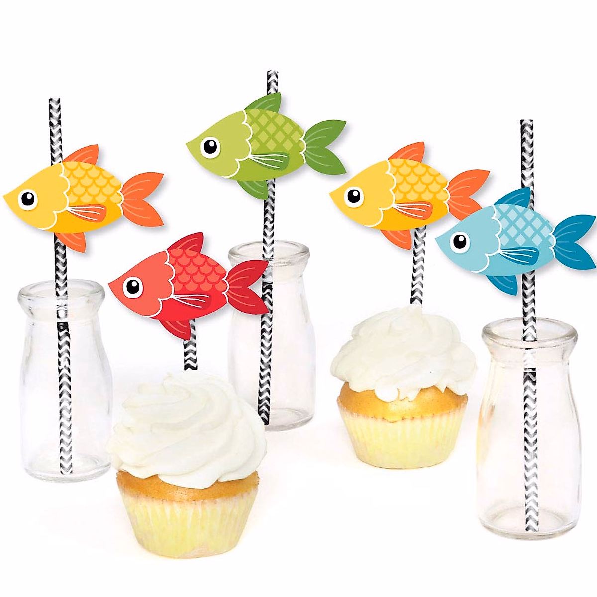 Big Dot of Happiness Let’s Go Fishing - Paper Straw Decor - Fish Themed Birthday Party or Baby Shower Striped Decorative Straws - Set of 24