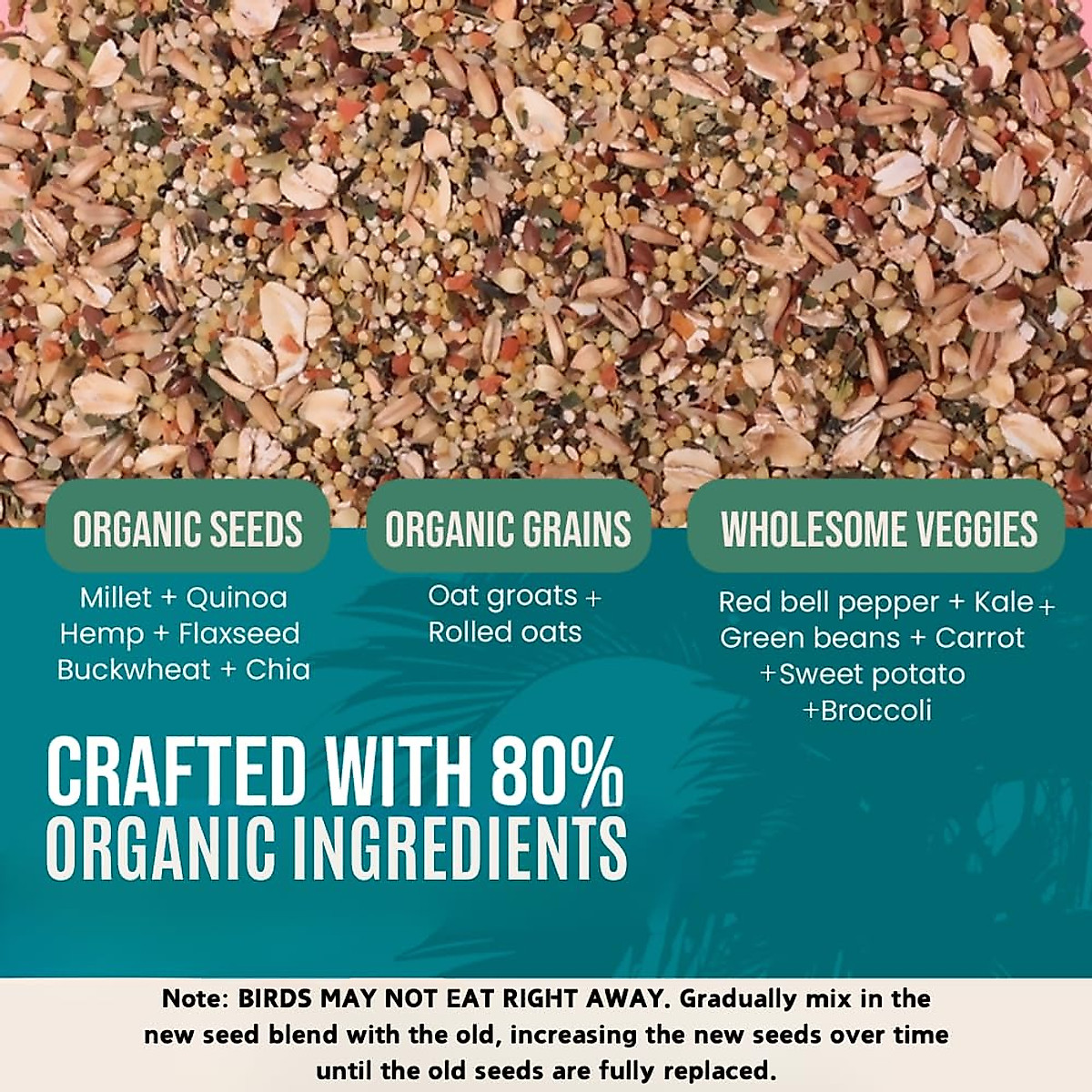 Flocksentials 80% Organic Parakeet Food - No Dyes, Fatty Seeds, Or FIllers - Human Grade Organic Parakeet Seed, Grain & Wholesome Veggies - for Budgies, Lovebirds, Parrotlets – Made in USA (2 lbs)