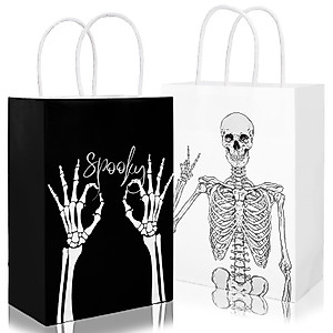 JarThenaAMCS 24Pcs Halloween Skull Paper Gift Bags with Handles Black White Skeleton Party Favor 2 Designs Candy Goodie Treat Bags for Party Supplies,8.3 x 5.9 x 3 Inch