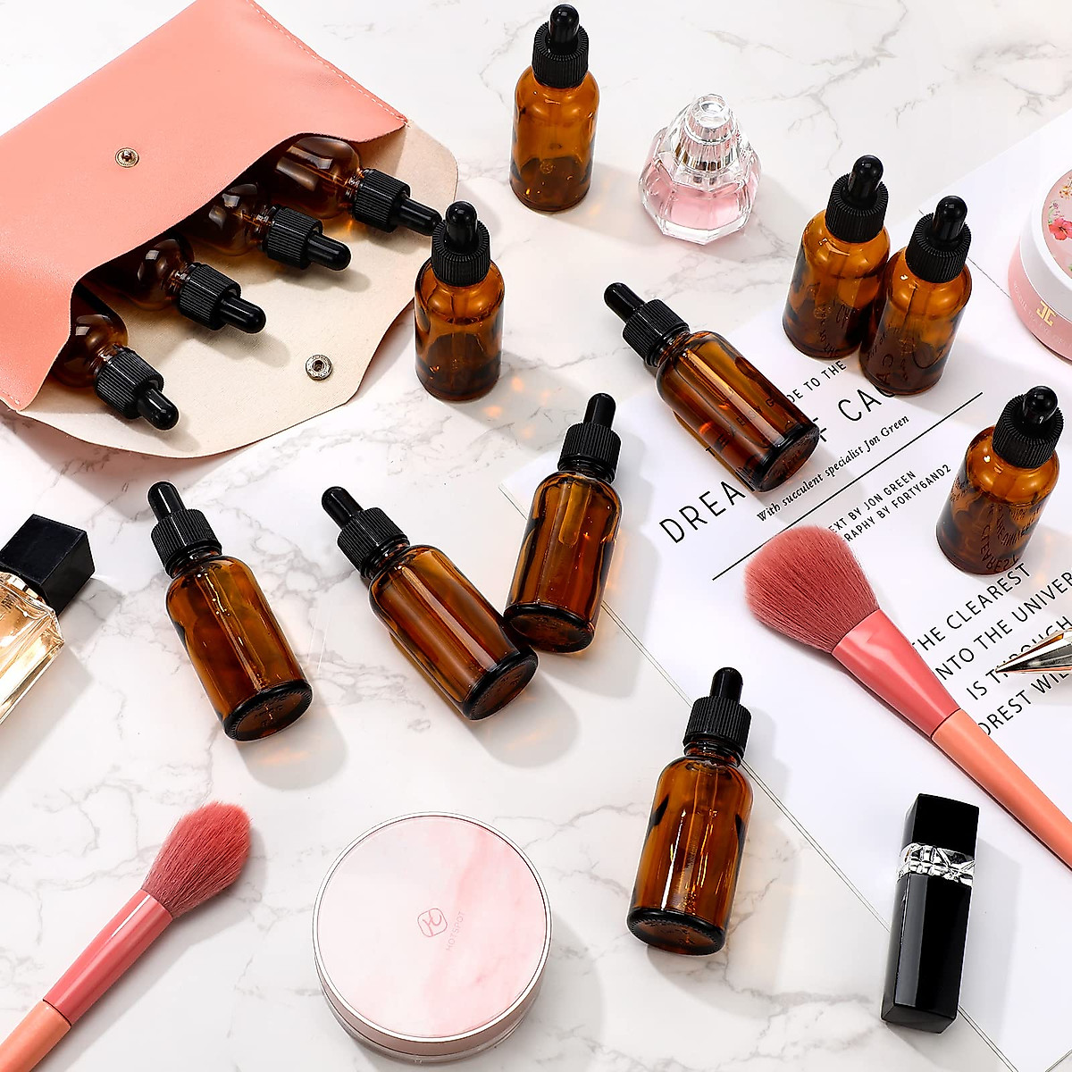 160 Pack 1oz Glass Dropper Bottle 30ml Glass Bottles with Droppers, 16 Funnels and 2 Long Droppers, Eye Dropper Bottles Bulk Leak Proof Tincture Bottle for Essential Lab Chemicals (Amber, Black)