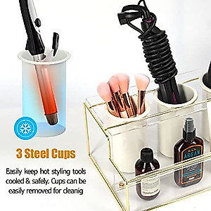 J JACKCUBE DESIGN Hair Dryer Holder Organizer Hair Tool Styling Storage Countertop Gold Clear Acrylic Bath Supplies Blow Dryer Flat Iron Tray Stand, Bathroom Vanity Caddy with 3 Cups- MK1026A
