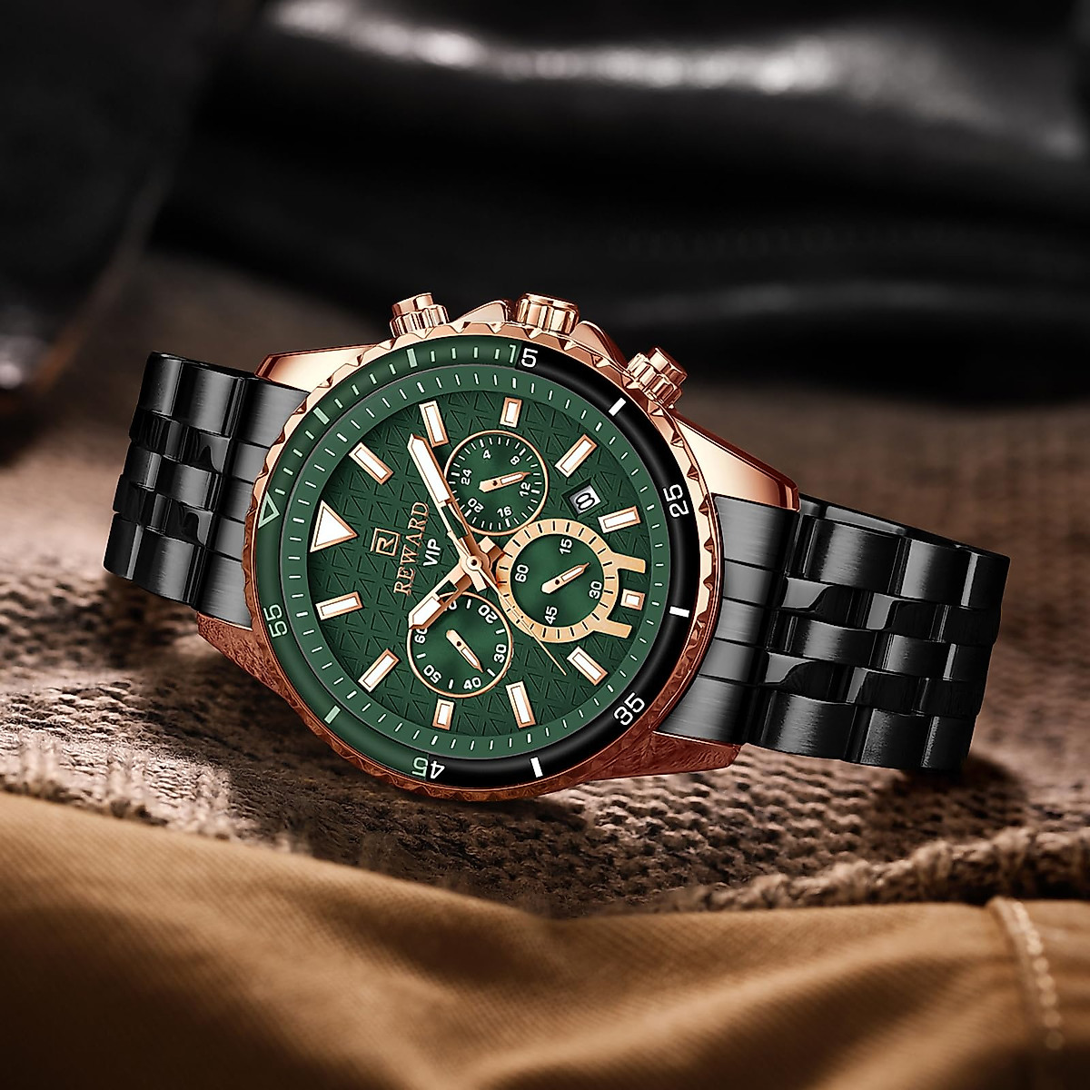 REWARD Mens Wrist Watches Fashion Round Dial Business Date Chronograph Luminous Waterproof Big Face Watch for Men Green Black