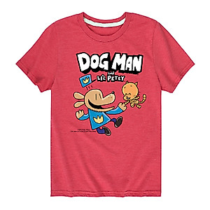 Dog Man and Lil Petey - Youth Short Sleeve Graphic T-Shirt - Size Medium Heather Red