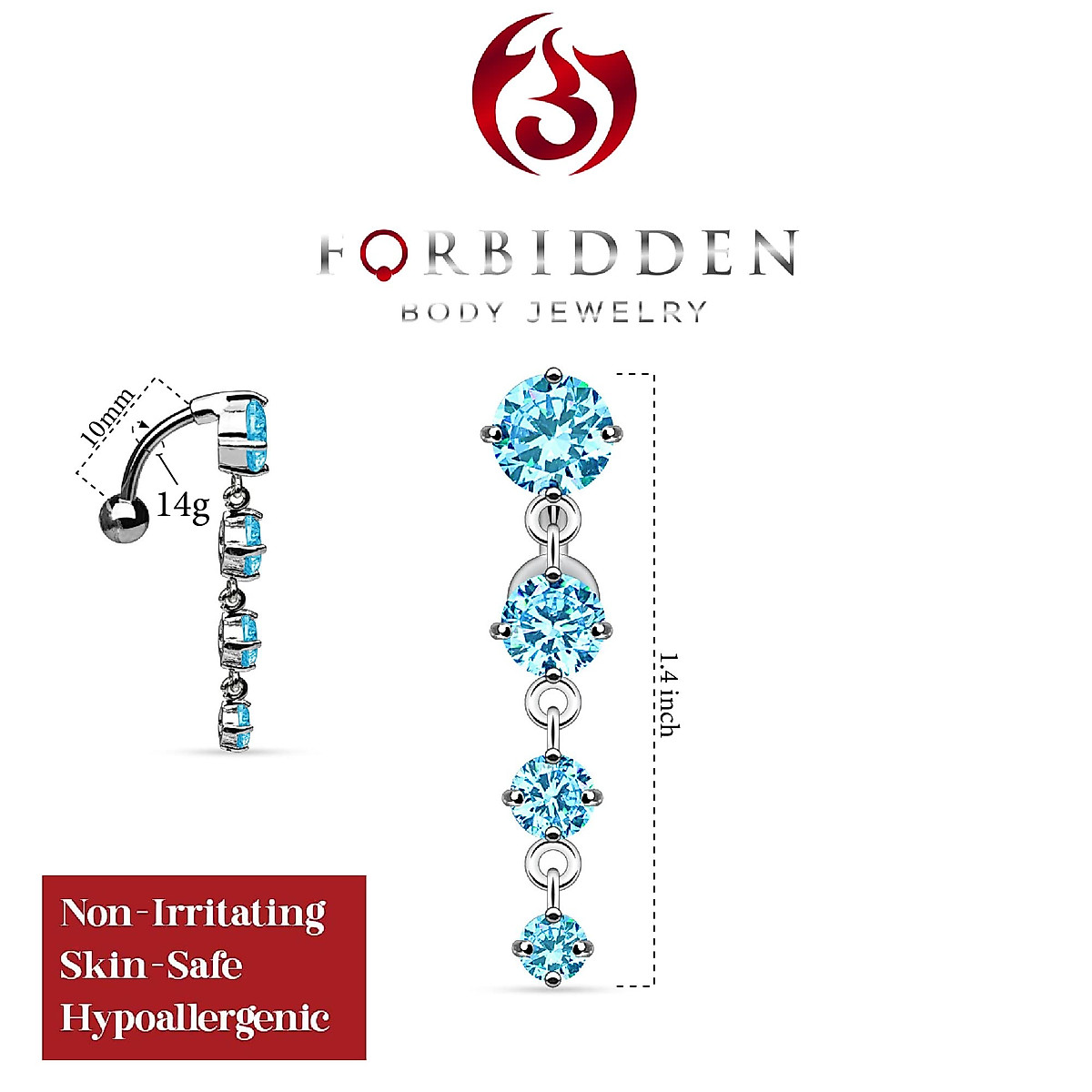 Forbidden Body Jewelry Sexy Reverse Mount Dangle Belly Button Ring with Cascade of Aqua Blue Crystal Gems
