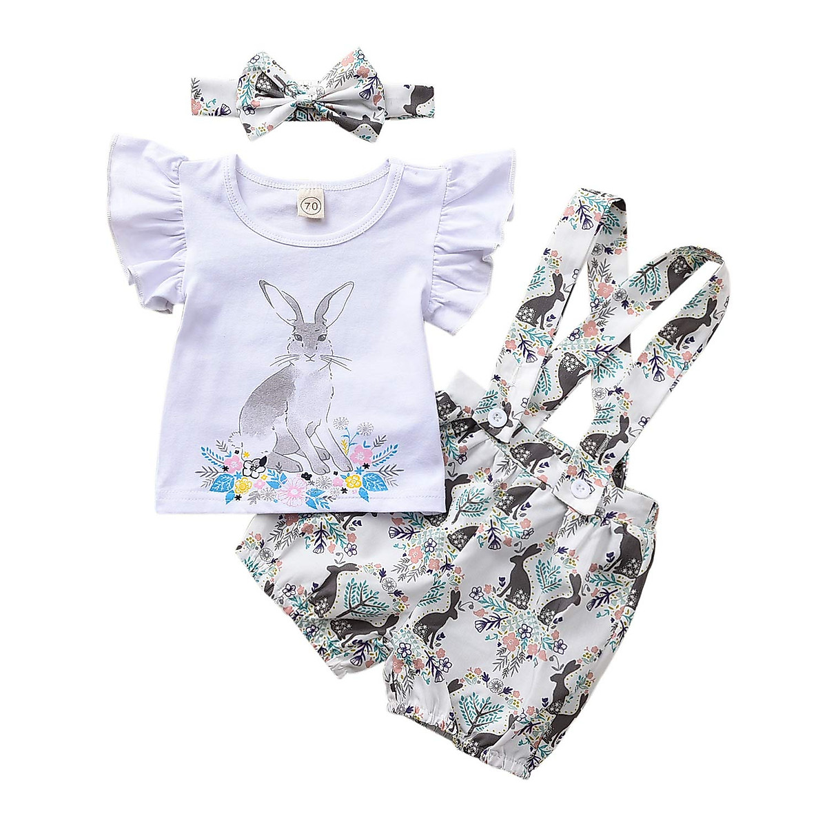 Aalizzwell Baby Girl Easter Outfit, Toddler Bunny Shirt Suspender Headband Boutique Clothing (Gray, 4T)