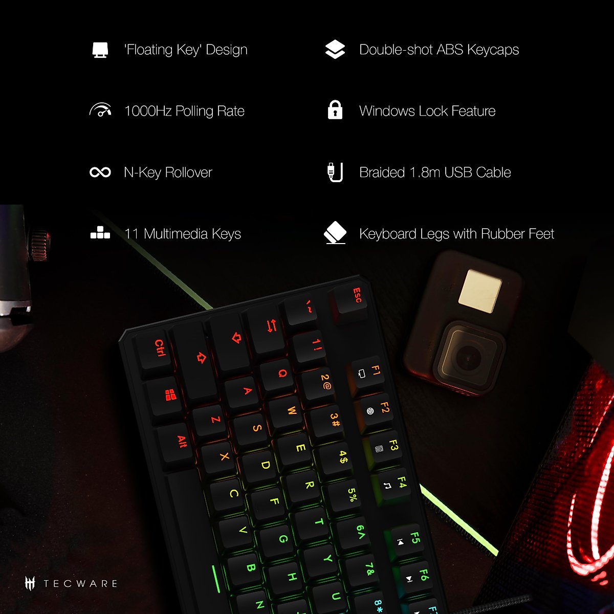 TECWARE Phantom 104 Key Full Size RGB Mechanical Gaming Keyboard with Numpad, LED Backlit, Typewriter Sound, Clicky Switch, Outemu Blue