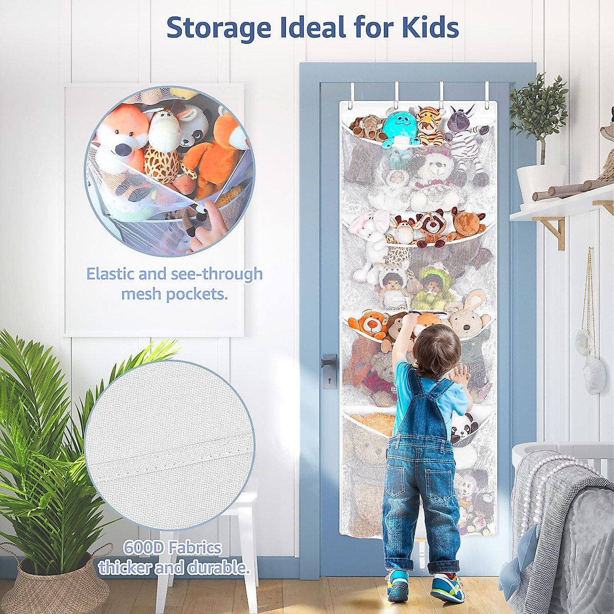 Woodoulogy Hanging Stuffed Animal Storage, Over Door Large Plush Toy Organizer with Metal Hook, Baby Accessory Holder Idea for Nursery, Doll & Bear Mesh Hammock Bag for Girl Boy Kid Room