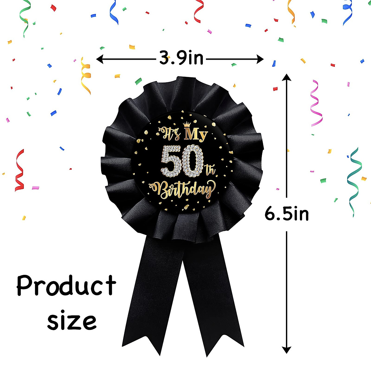 Black It's My 50th Birthday Tinplate Badge Pin, Happy 50th Birthday Man or Woman Award Ribbon Party Decorations Sign