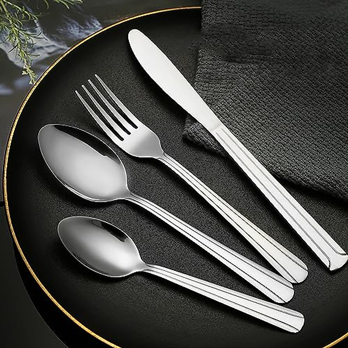 Silverware Set for 12,Stainless Steel Flatware Cutlery Unique Bordered Striped Tableware Utensil Set Knives Forks Spoons,Dinnerware Sets for Party Kitchen Wedding Gifts 48-piece