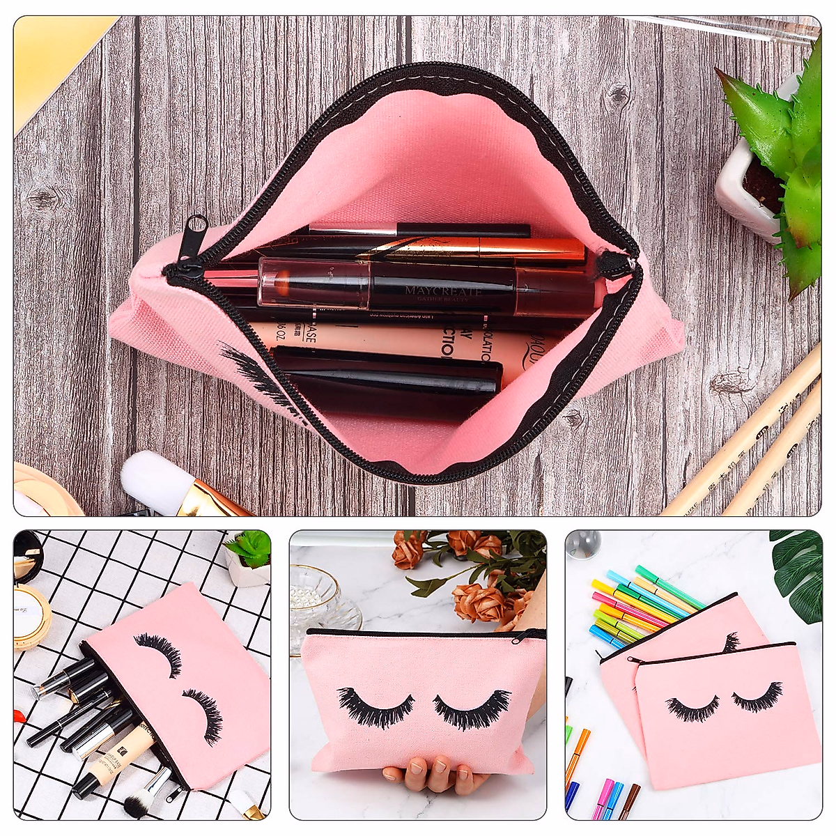 18 Pieces Eyelash Cosmetic Bags Canvas Lash Makeup Bag Travel Make up Pouches Toiletry Bag with Zipper for Women and girls (M, Pink)