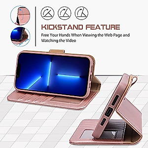 Arae Compatible with iPhone 13 Pro Max Case Wallet Flip Cover with Card Holder and Wrist Strap for iPhone 13 Pro Max 6.7 inch-Rose Gold