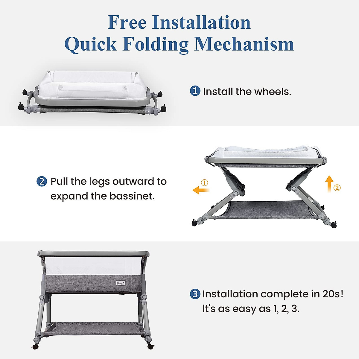 Baby Bassinet Bedside Sleeper for Baby, Li’l Pengyu Foldable Bassinet with Rocking Cradle Mode, Free-Installation & Quick-Folding Bedside Crib, Come with Comfy Mattress and Portable Bag (Mesh)