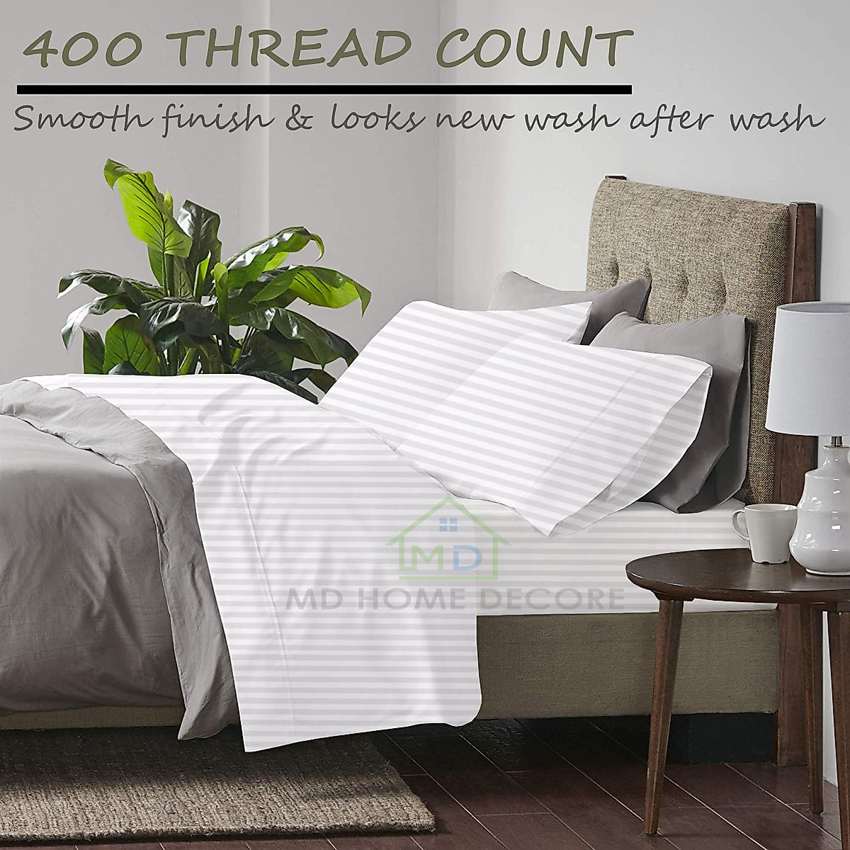 Extra Deep Pocket Sheets (4-Piece) 100% Egyptian Cotton 400 Thread Count Bed Sheet Set 22 inch Deep Pocket of Fitted Sheet with Elastic All Around (Queen, White Stripe)