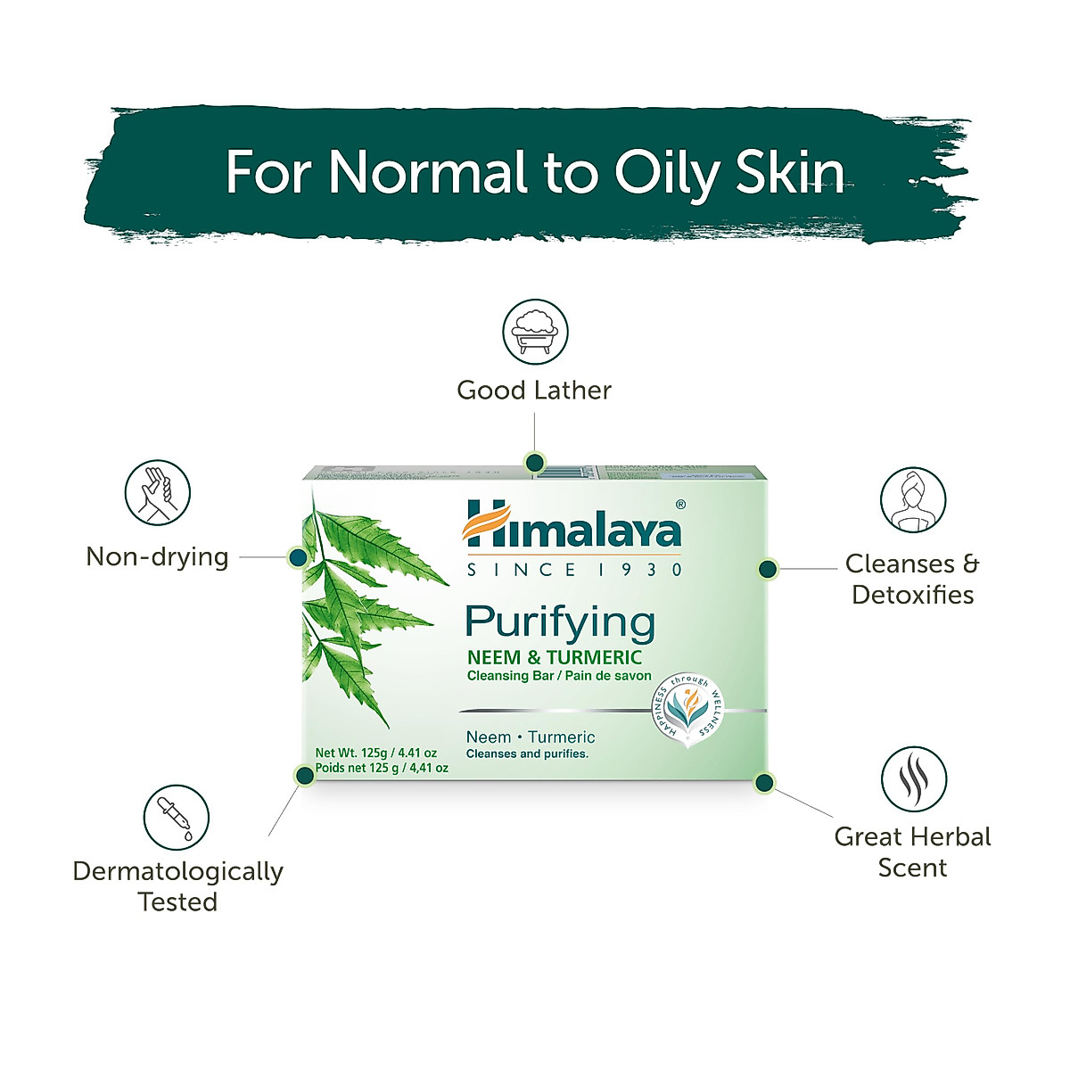 Himalaya Purifying Neem & Turmeric Cleansing Bar for Clean and Healthy Looking Skin, Free from Parabens, SLS and Phthalates, Gluten Free, Vegan, 125 g (4.41 oz), 6 Pack