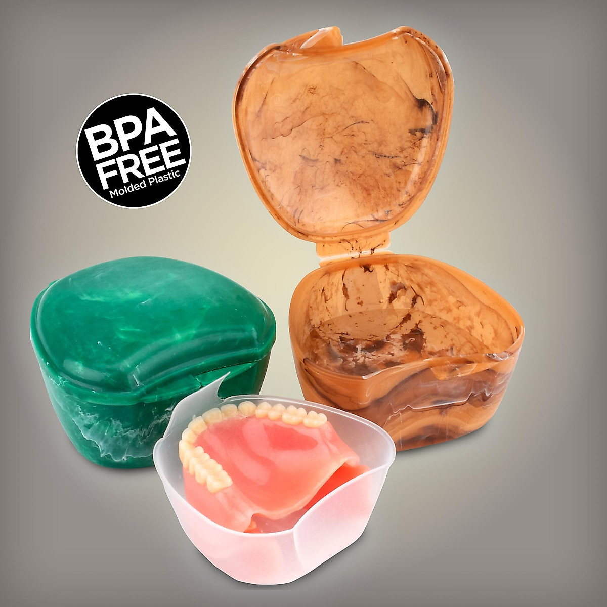 Easy Open Denture Bath & Case, with Strainer Basket for Soaking, Cleaning, and Storage, Two Pack (Emerald & Copper)